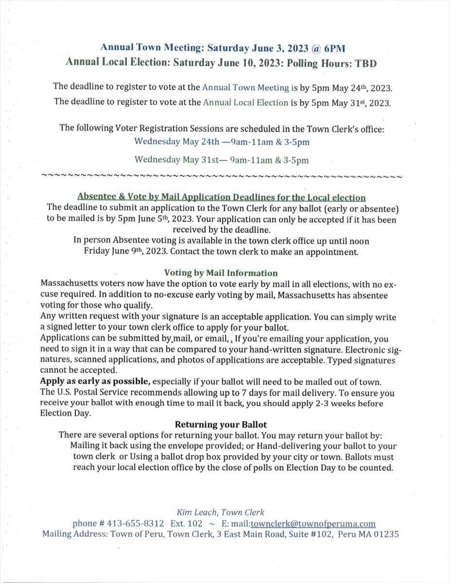 2023 Annual Town Meeting & Local Election | Peru MA